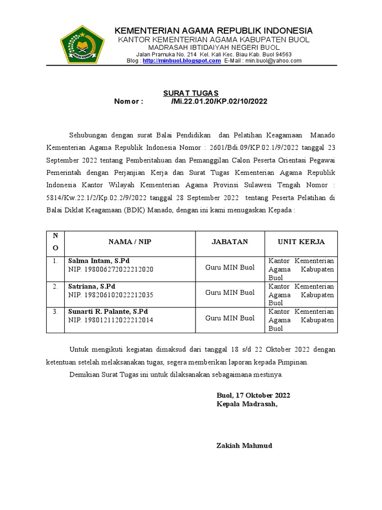 Surat Tugas Pelatihan Guru MIN Buol | PDF
