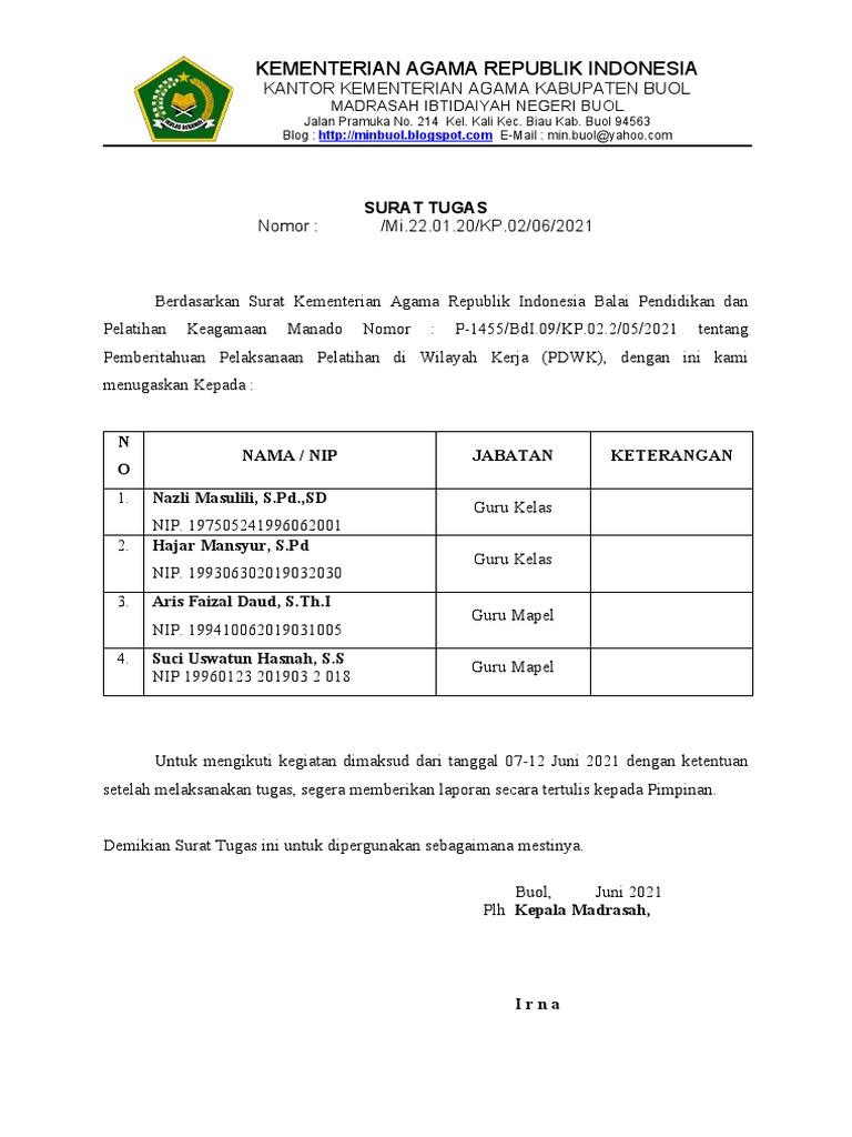 Surat Tugas Pelatihan Guru 2021 | PDF