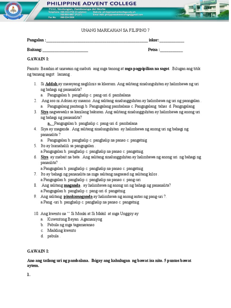Unang Markahan Sa Filipino 7 | PDF