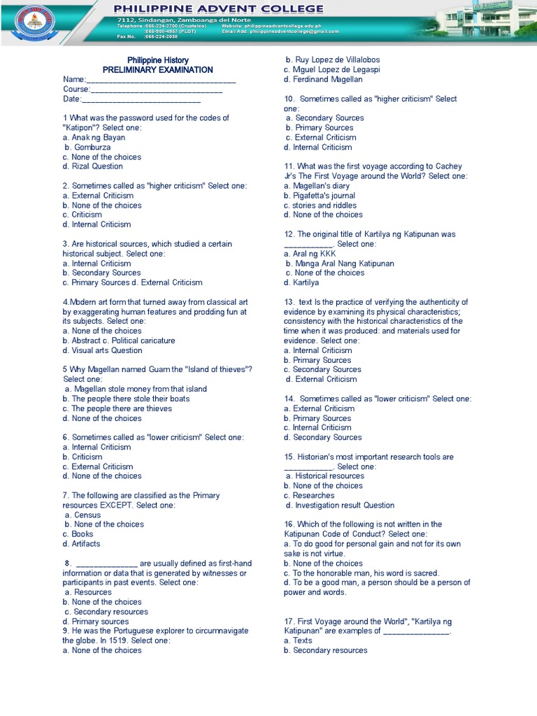 Philippine History Preliminary Exam | PDF | Social Science | Young Adult