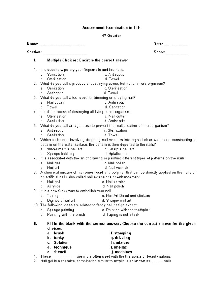 4th Quarter Assessment Examination in TLE | PDF | Nail (Anatomy ...