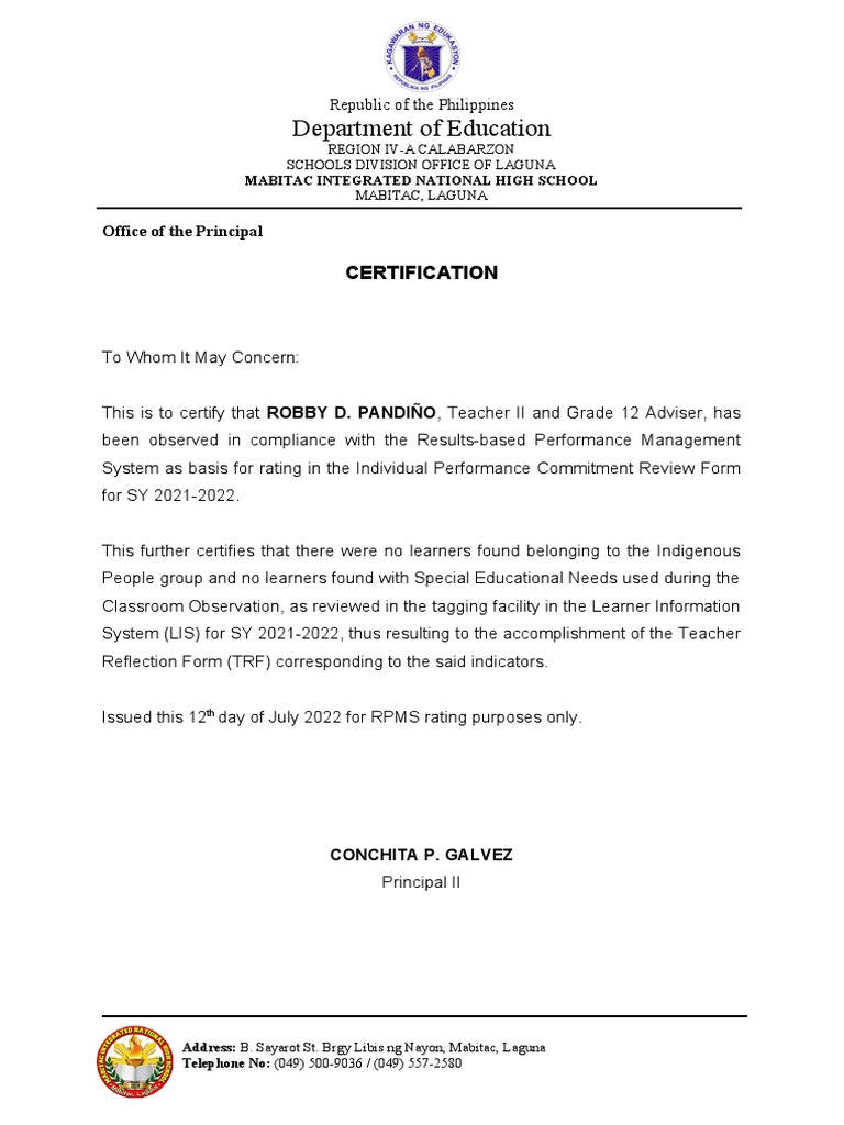 CERTIFICATION No Learners With Disability and No IP FINAL | PDF