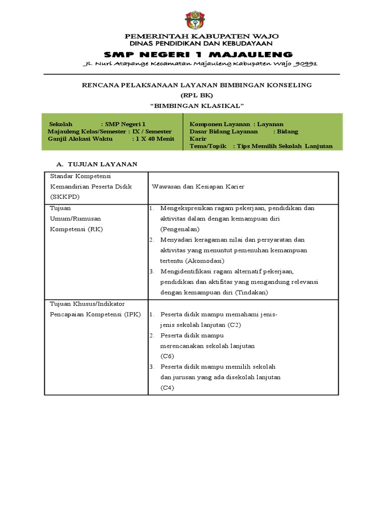 Rencana Pelaksanaan Layanan Bimbingan Konseling (RPL BK) "Bimbingan ...