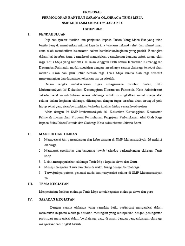 Proposal Sarana Olahraga Tenis Meja SMP | PDF