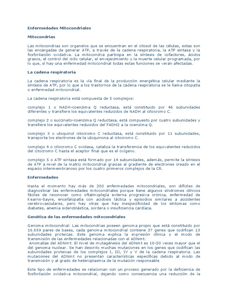 Enfermedades Mitocondriales | PDF | Cadena de transporte de electrones | Trifosfato de adenosina