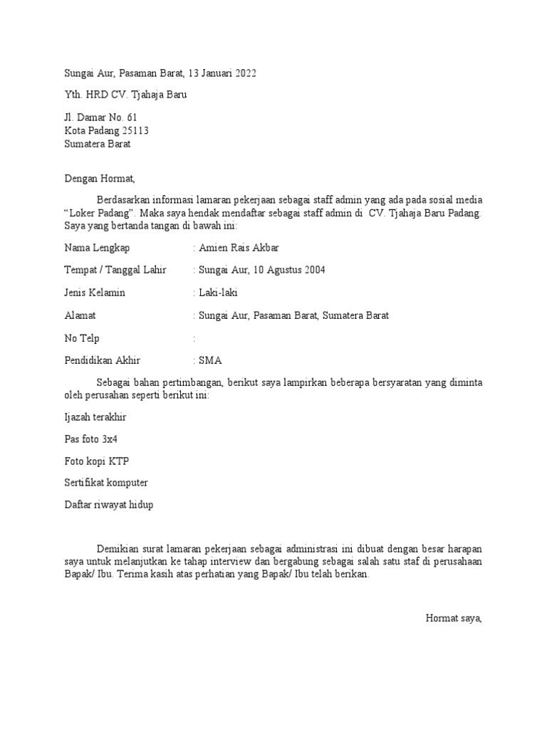 Lamaran Admin CV. Tjahaja Baru | PDF