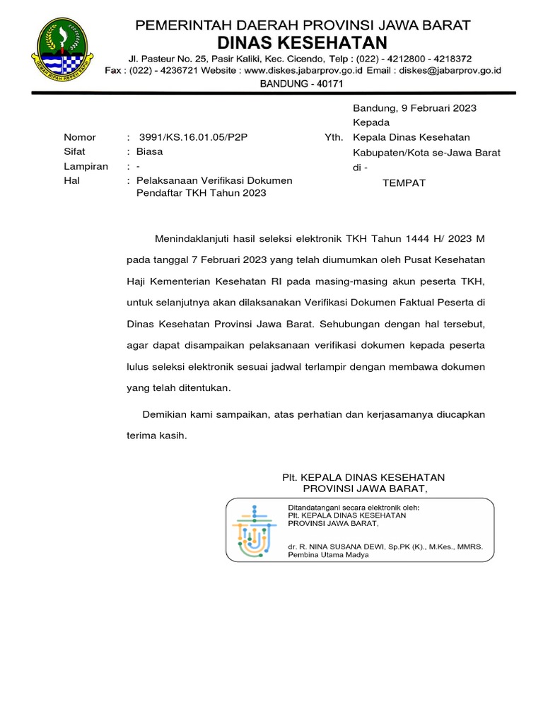 SURAT PELAKSANAAN VERIFIKASI DOKUMEN CALON TKH 2023 (1) | PDF