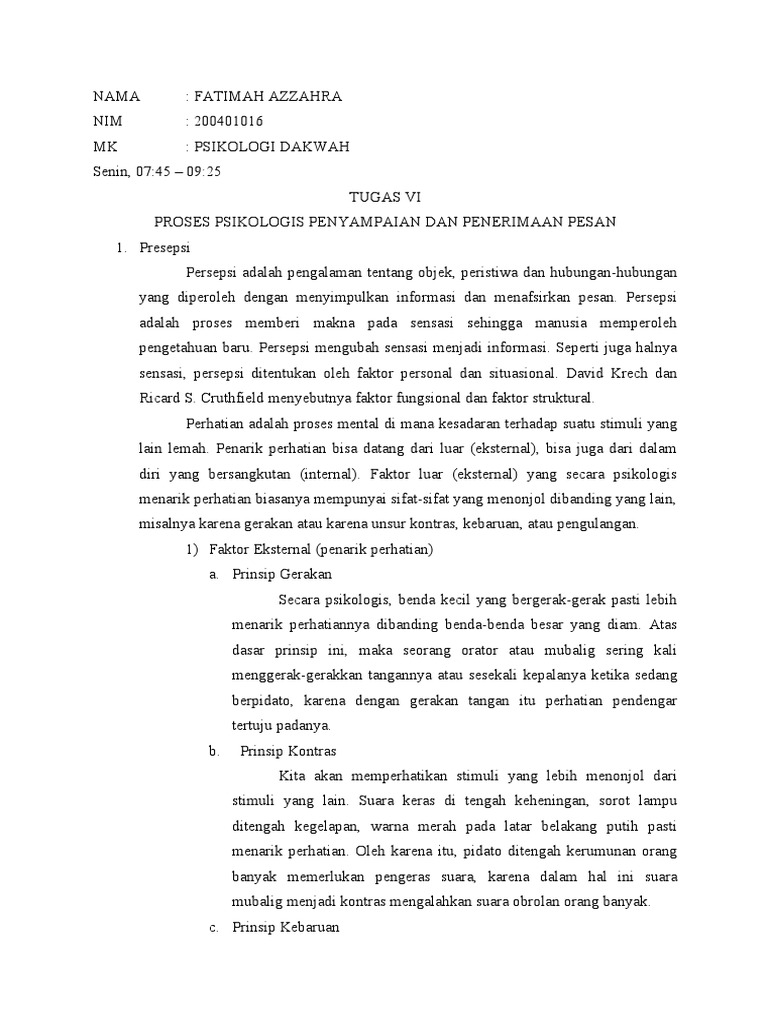 Proses Psikologis Penyampaian Dan Penerimaan Pesan - Fatimah Azzahra | PDF