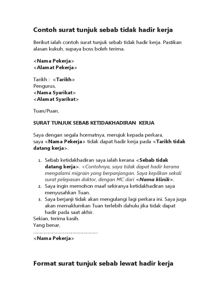 Contoh Surat Tunjuk Sebab Tidak Hadir Kerja | PDF