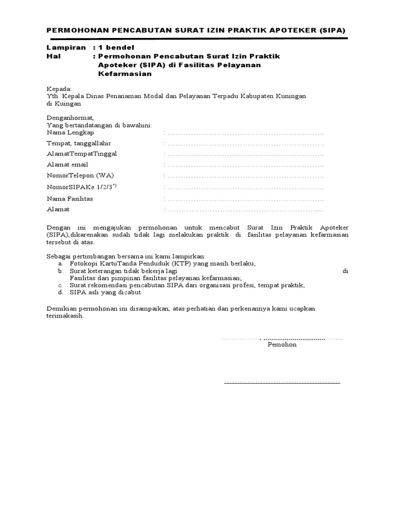Permohonan Pencabutan Surat Izin Praktik Apoteker (Sipa) | PDF