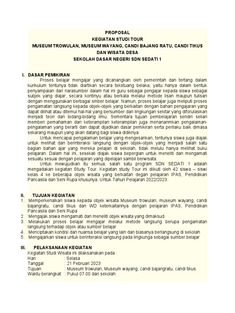 Proposal Study Tour SDN Sedati 1 | PDF