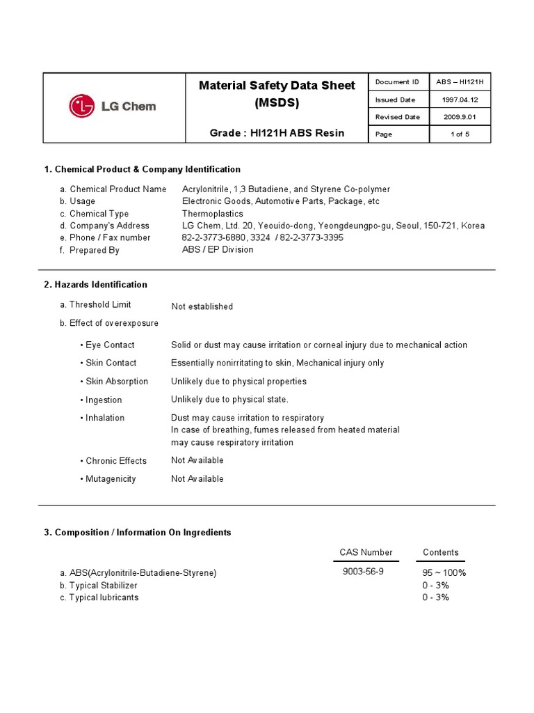 LG Chem HI121H ABS Resin MSDS | PDF | Firefighting | Waste Management