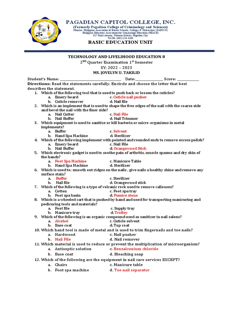 Grade 8 Tle Quarter Exam | PDF | Nail (Anatomy) | Personal Protective Equipment