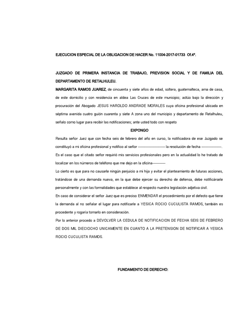 Memorial DEVOLUCION DE CEDULA | PDF | Demanda judicial | Judicaturas