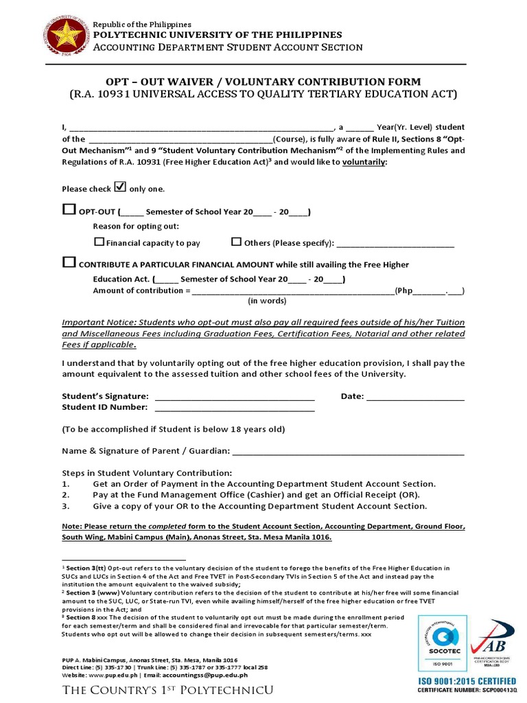 Opt-Out Waiver and Voluntary Contribution Form With Guidelines | PDF ...