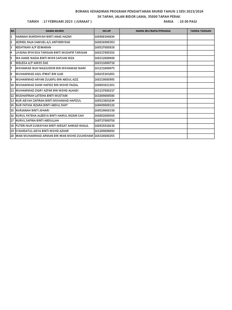 Borang Kehadiran Murid Tahun 1 2023 2024 | PDF