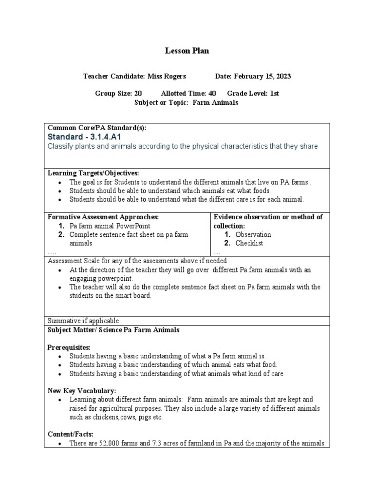 Lesson Plan Farm Animals | PDF | Teachers | Lesson Plan