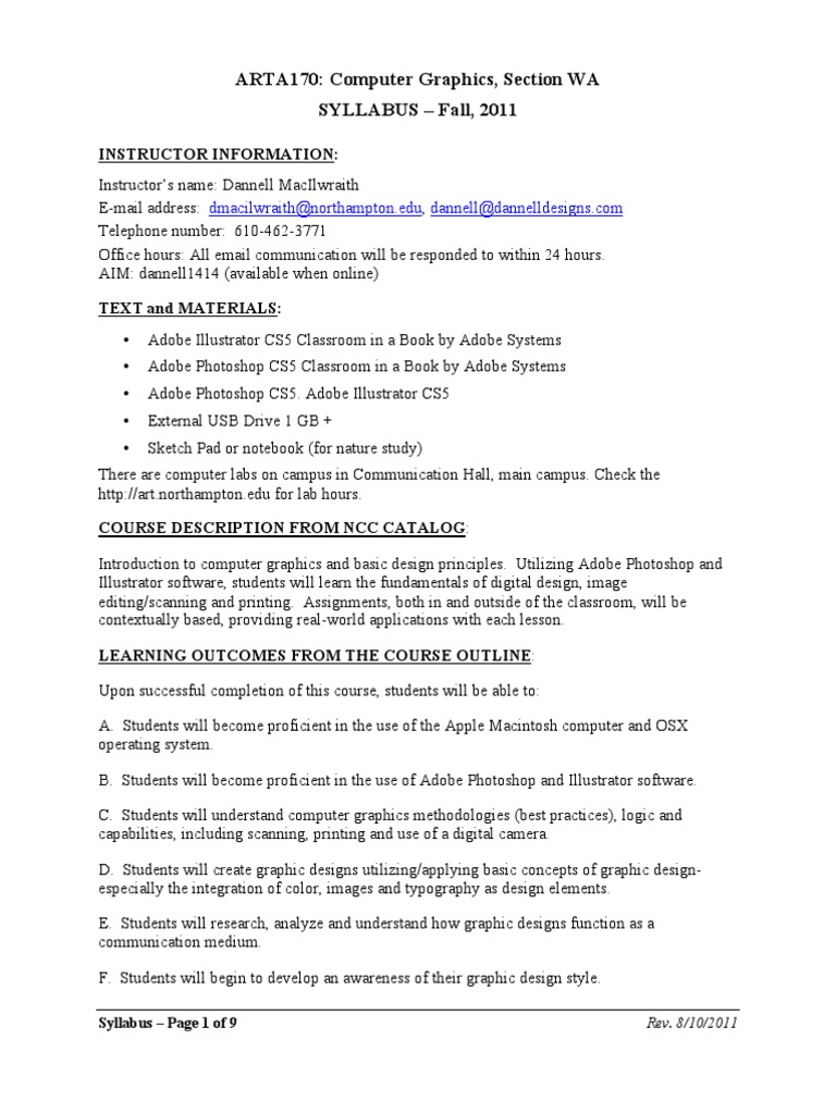 ARTA170: Computer Graphics, Section WA SYLLABUS - Fall, 2011 | PDF ...