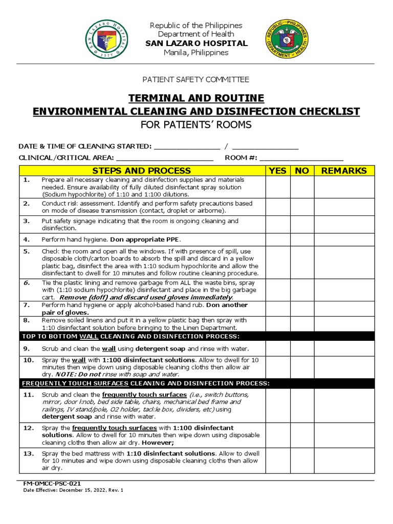 Terminal Cleaning Checklist for Patient Rooms | PDF | Hand Washing ...