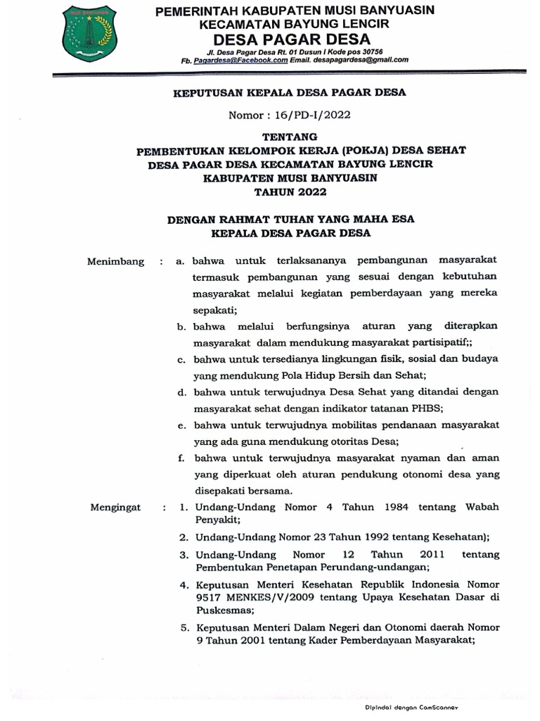 SK Pokja Desa Sehat Pagar Desa | PDF
