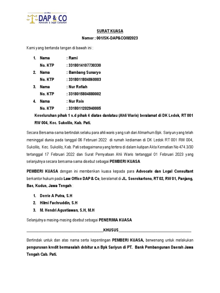 SURAT KUASA & PKS Debitur Bank Jatengpati | PDF