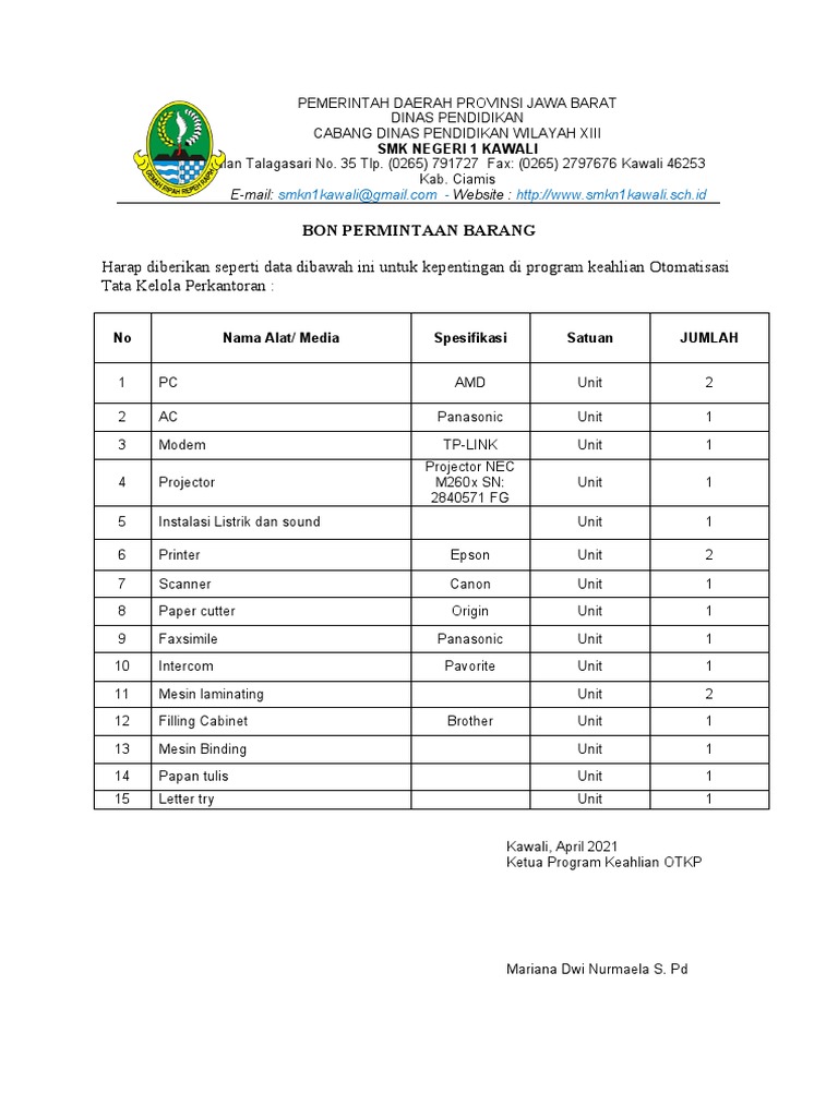 Bon Permintaan Barang SMK Negeri 1 Kawali | PDF