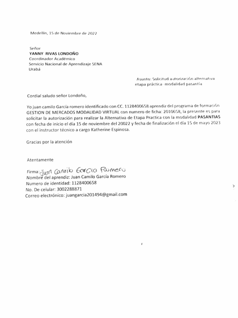 Carta para Solicitar Pasantias | PDF