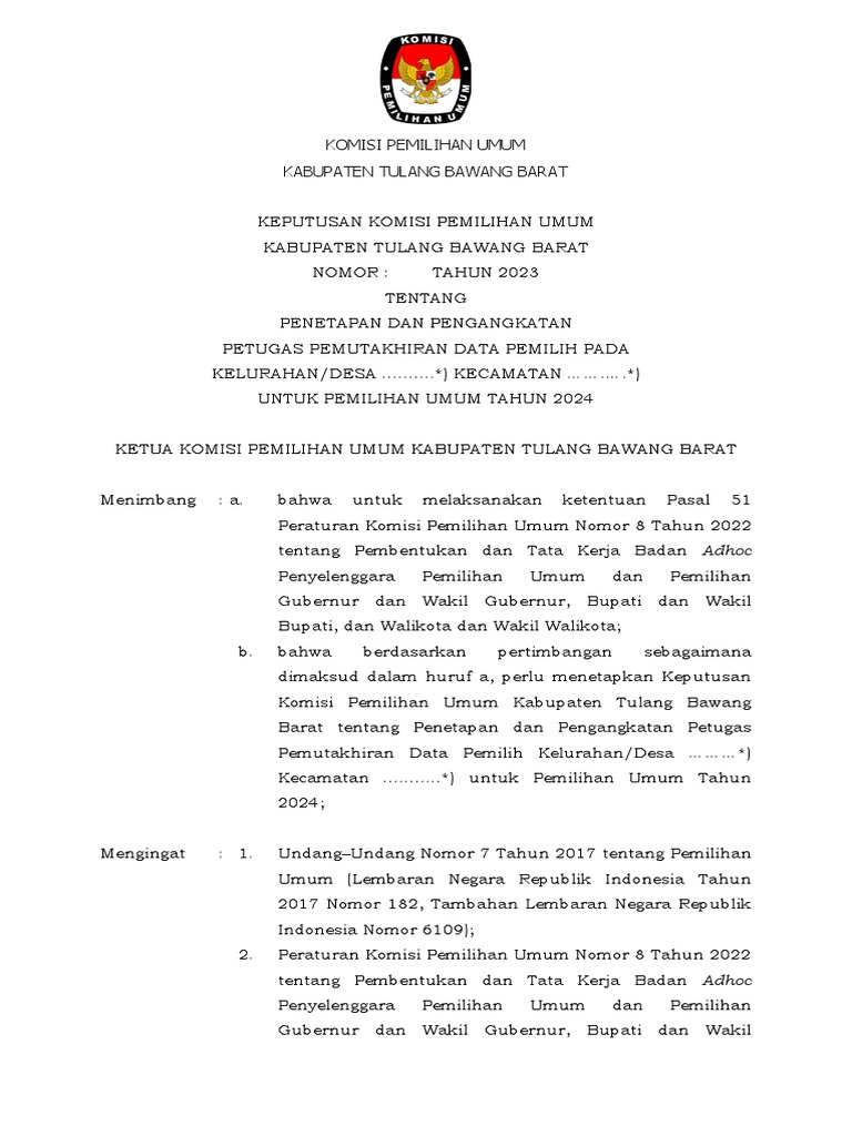 Format SK Pantarlih (Juknis 67) | PDF