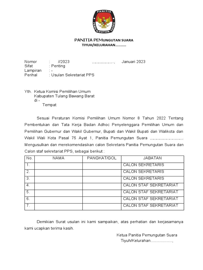 Contoh Surat Usulan Sekre PPS | PDF
