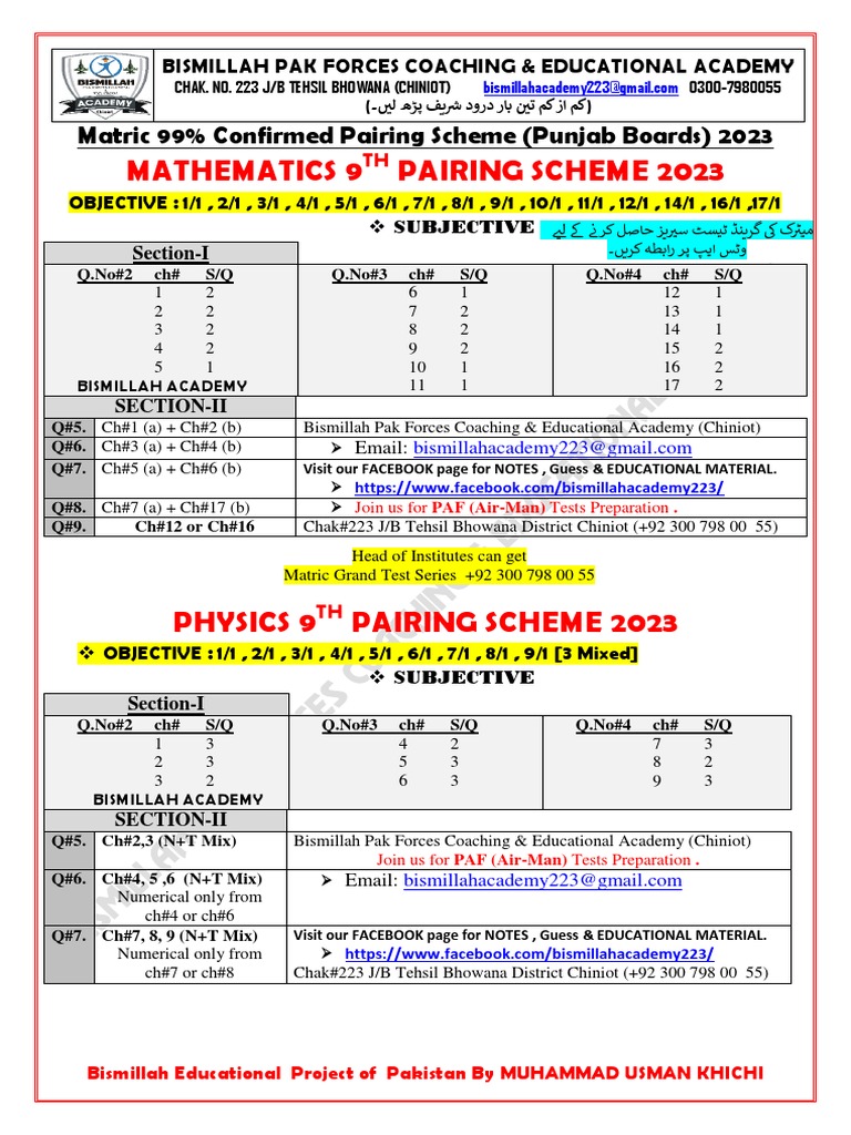 Matric Pairing Scheme 2023 by Bimillah Academy 0300-7980055 | PDF