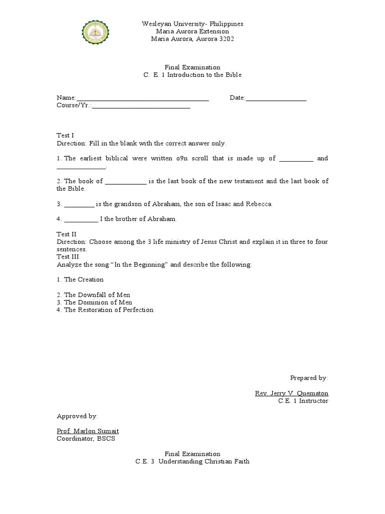 2022 C.E. Final Exam | PDF | Bible | Methodism