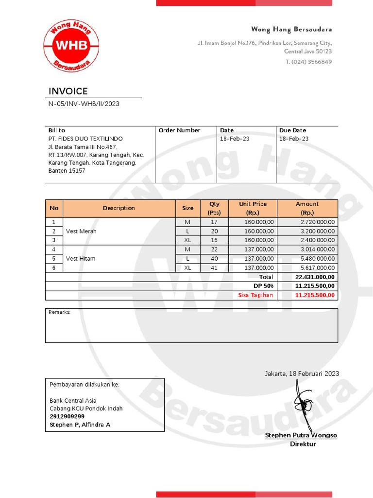 Invoice for Vest Orders from PT. Fides Duo Textilindo Detailing ...