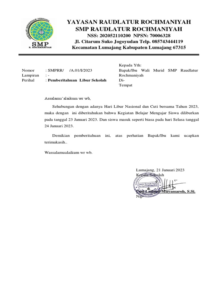 Surat Pemberitahuan Libur Sekolah | PDF