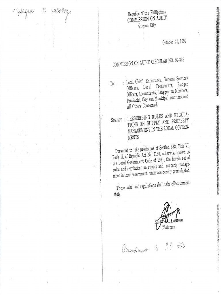 COA Circ92-386-Rules and Regulations Supply and Property MGMT in LGUs | PDF
