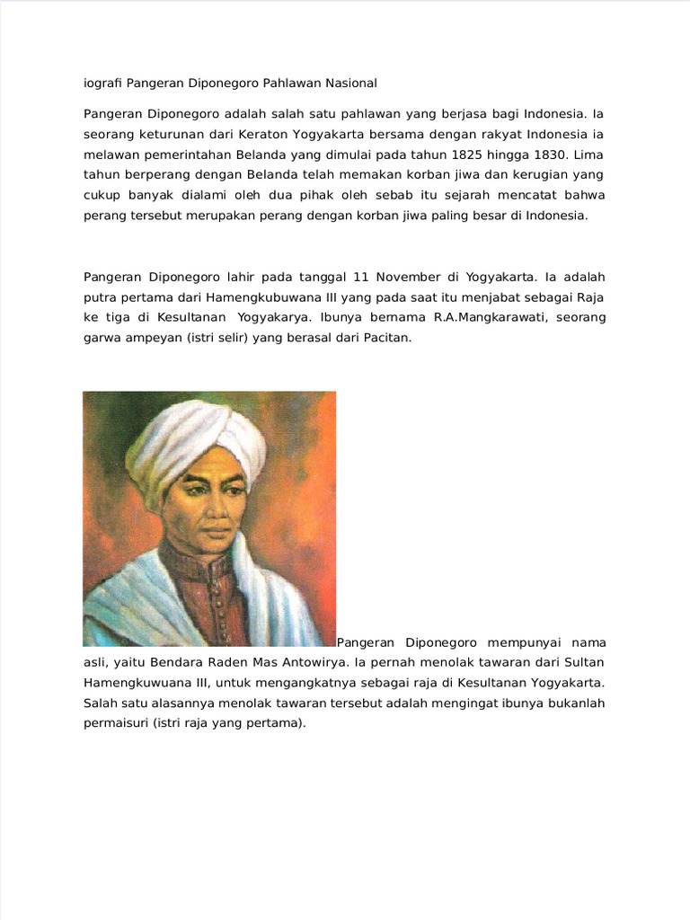 Biografi Pangeran Diponegoro Pahlawan Nasional | PDF