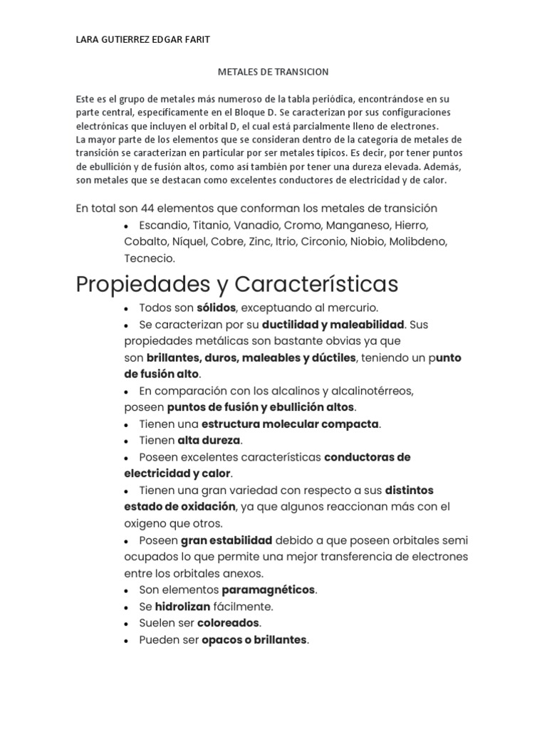 Los metales de transición: propiedades, usos y aplicaciones | PDF | Rieles | Metales de transición