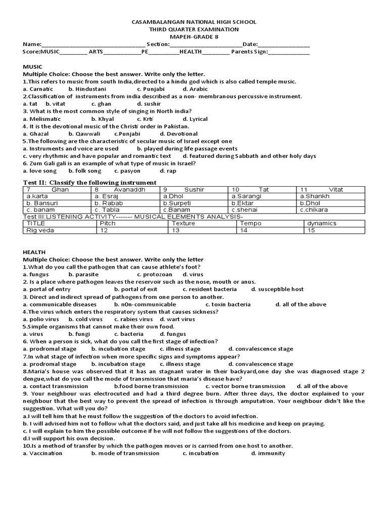 Mapeh 8 3RD Quarter Exam | PDF | Infection | Volleyball