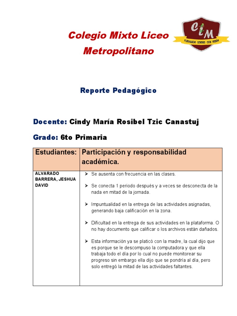Reporte Pedagógico de Estudiantes | PDF