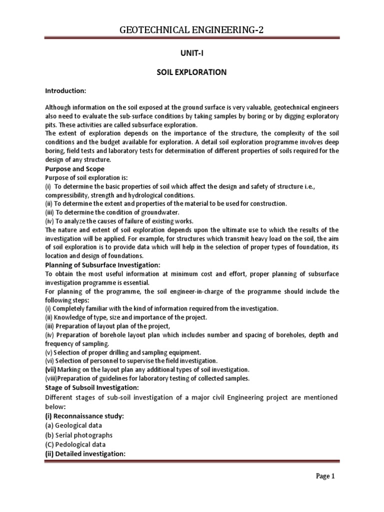 Unit-1 Soil Exploration | PDF | Geotechnical Engineering | Earth Sciences