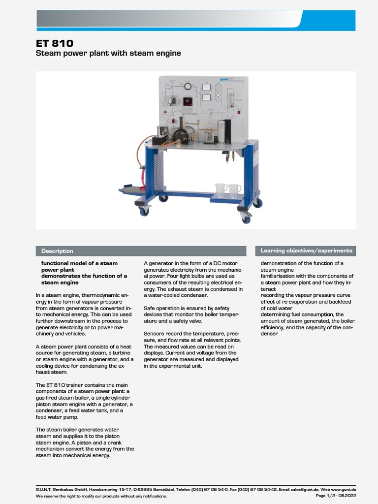ET 810 Steam Power Plant With Steam Engine Gunt 279 PDF - 1 - en GB | PDF | Steam Engine | Steam