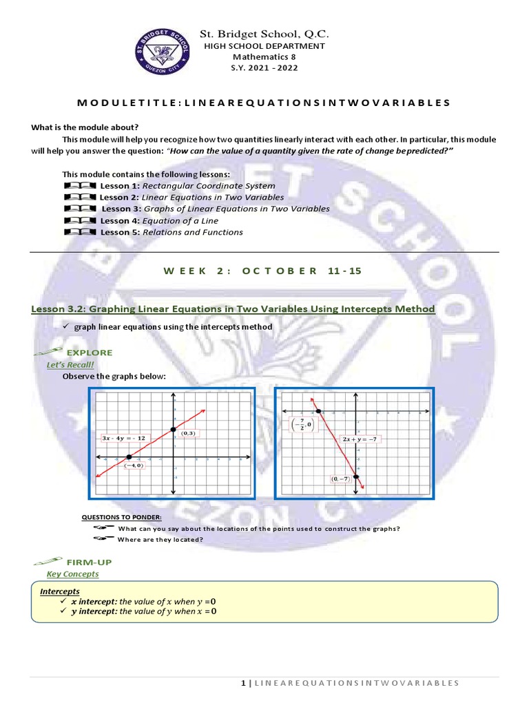 2nd QTR Week 2 Module 3 Linear Equations in Two Variables (Part 2 ... 2nd QTR Week 2 Module 3 Linear Equations in Two Variables (Part 2 ...