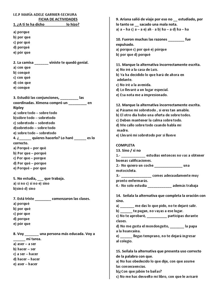 Ficha de Actividades de Secundaria | PDF
