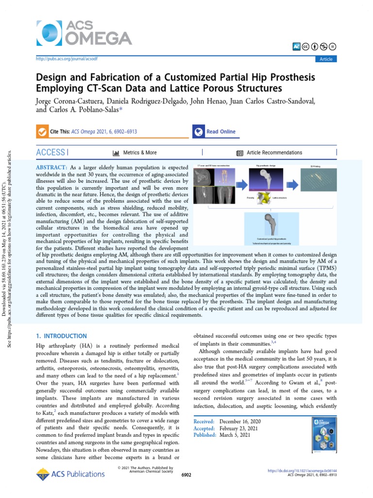 Design and Fabrication of A Customized Partial Hip Prosthesis | PDF | Implant (Medicine) | Ct Scan