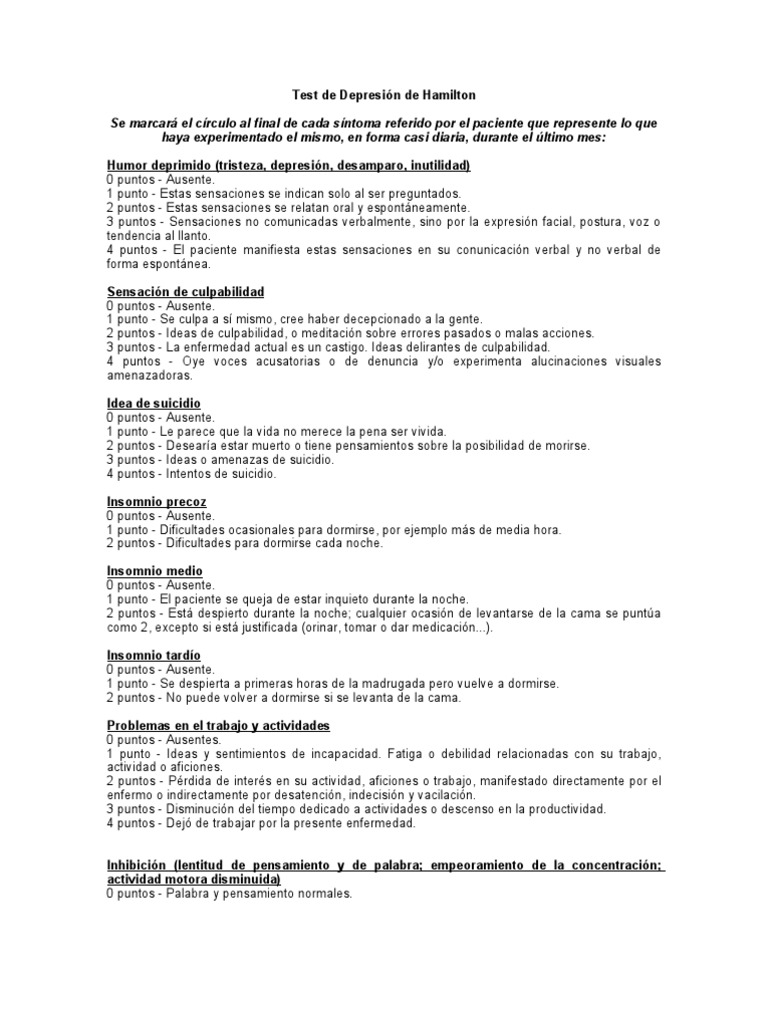 Test de Depresión de Hamilton | PDF | Depresión (estado de ánimo ...