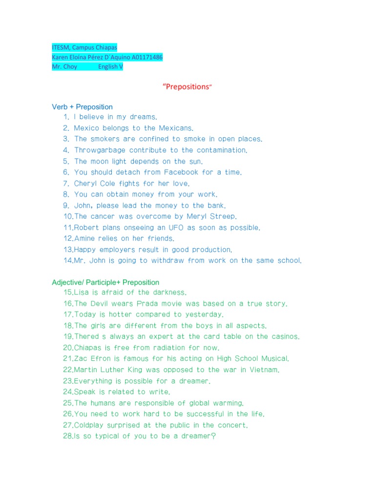 Prepositions Sentences | PDF