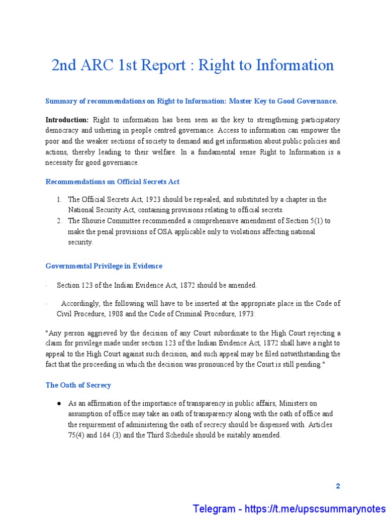 2nd ARC Report: Right to Information Summary | PDF | Emergency ...