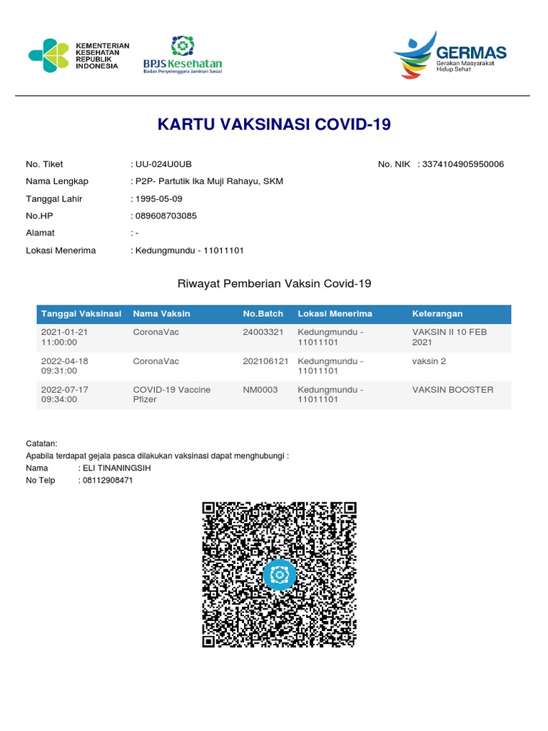 Kartu Vaksinasi Covid 19 Riwayat Pemberian Vaksin Covid 19 Pdf