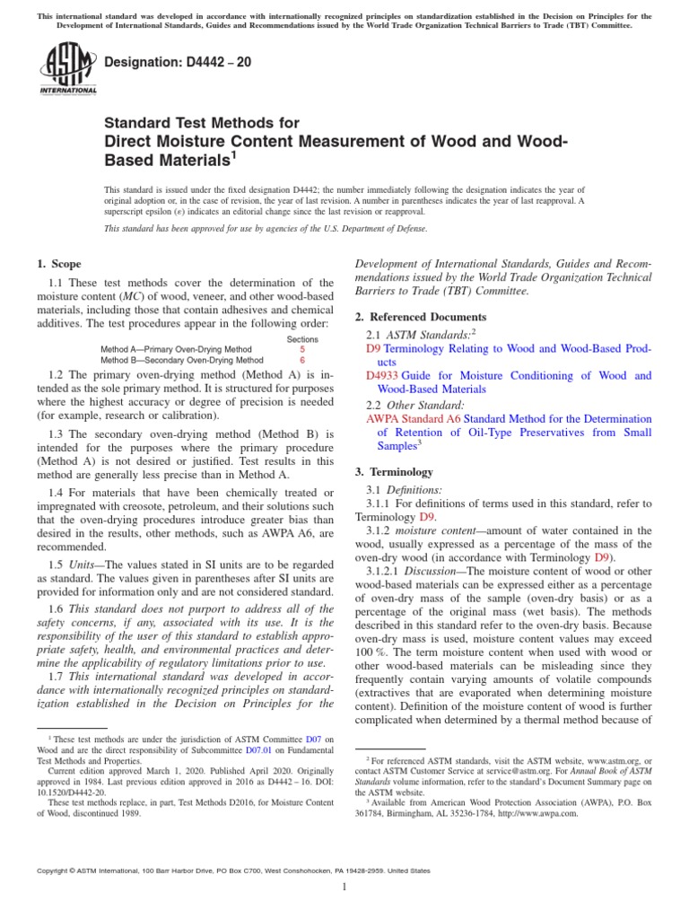 Standard Test Methods For Direct Moisture Content Measurement of Wood ...