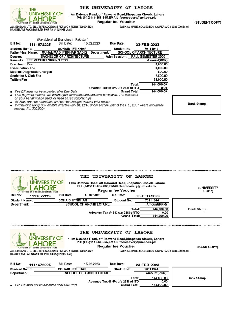 The University of Lahore: Regular Fee Voucher | PDF | Fee | Government
