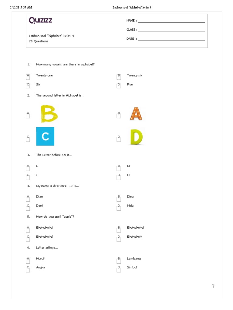 Latihan Soal - Alphabet - Kelas 4 - Small | PDF | Alphabet | Consonant